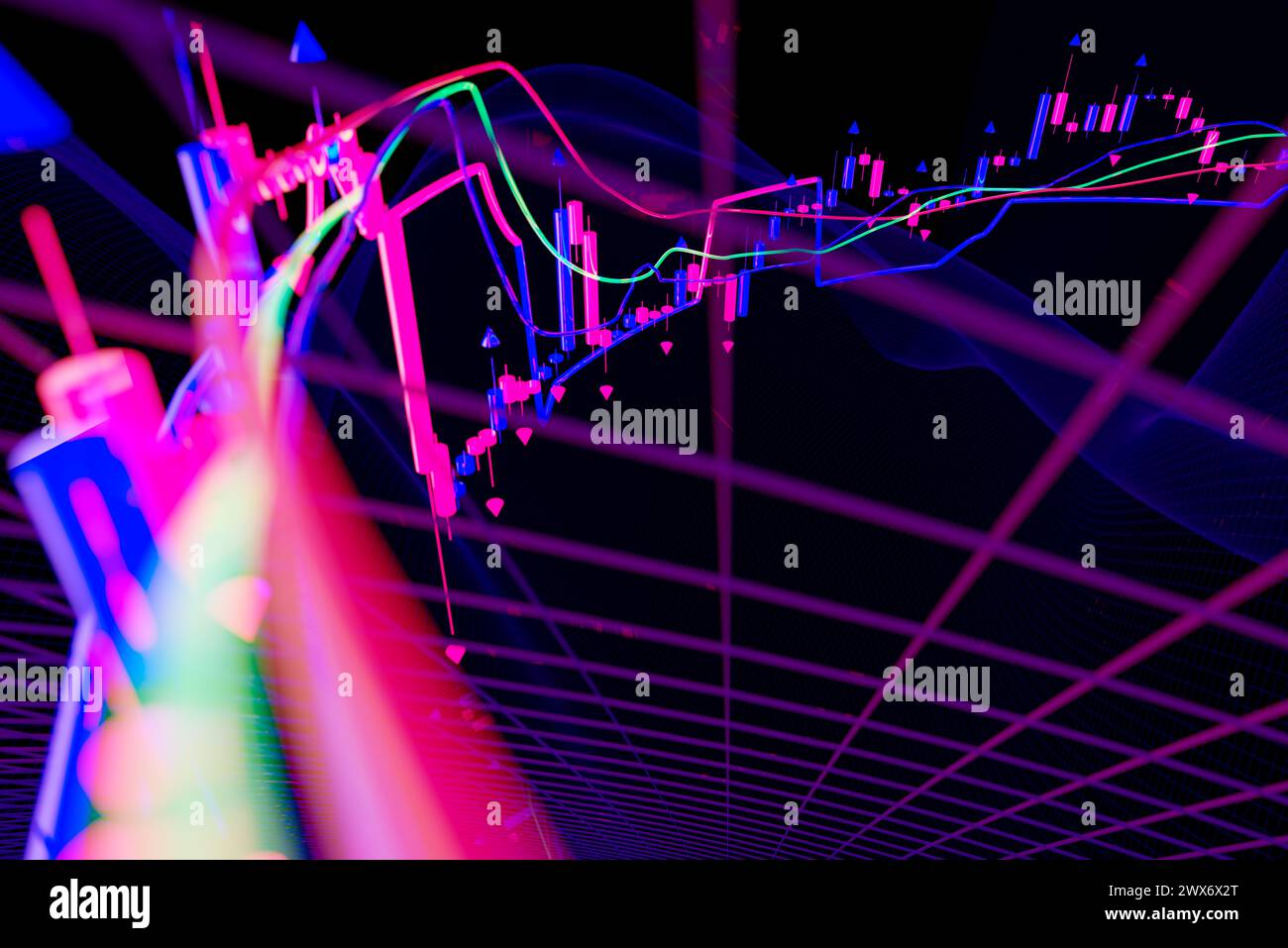 3d candlestick financial chart with indicators Stock Photo - Alamy