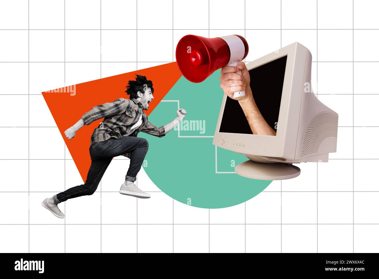 Composite photo collage of young scream man run computer monitor screen ...