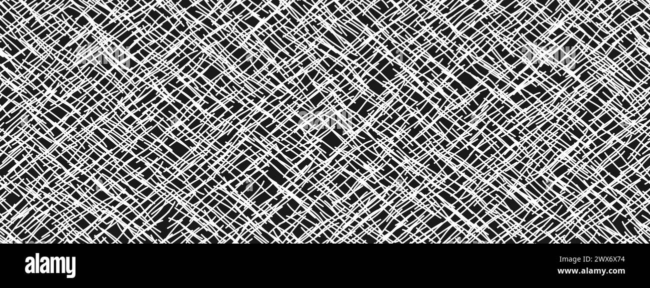Random white seamless crosshatch pattern on black paper. An abstract texture with diagonal lines ...