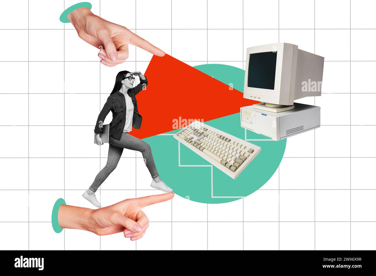 Creative collage picture cheerful young woman go walk carry laptop ...