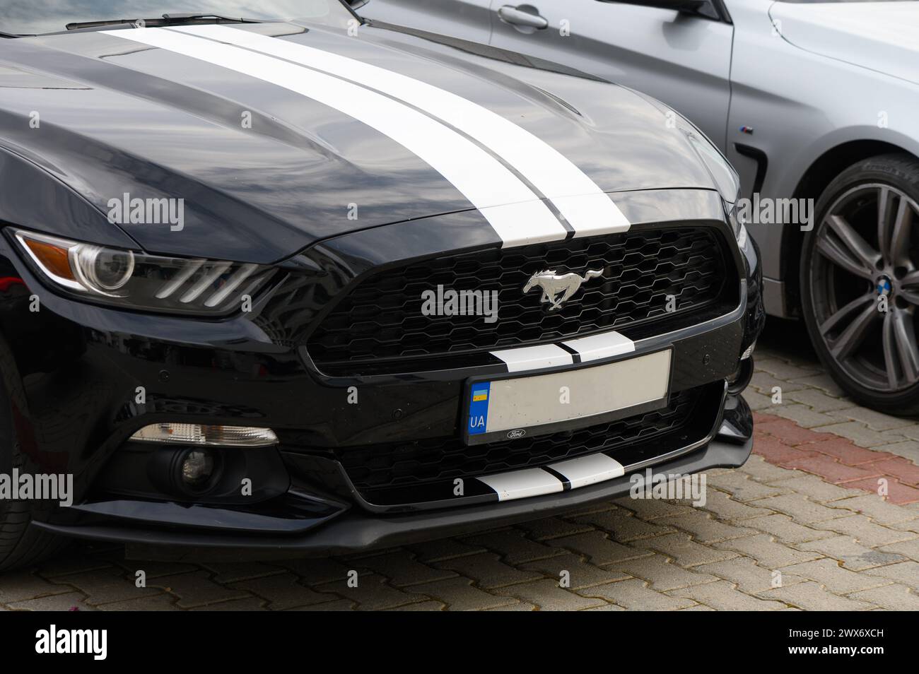 Gaziveren Cyprus 14/03/2024 - black and white Ford Mustang front view 1 ...
