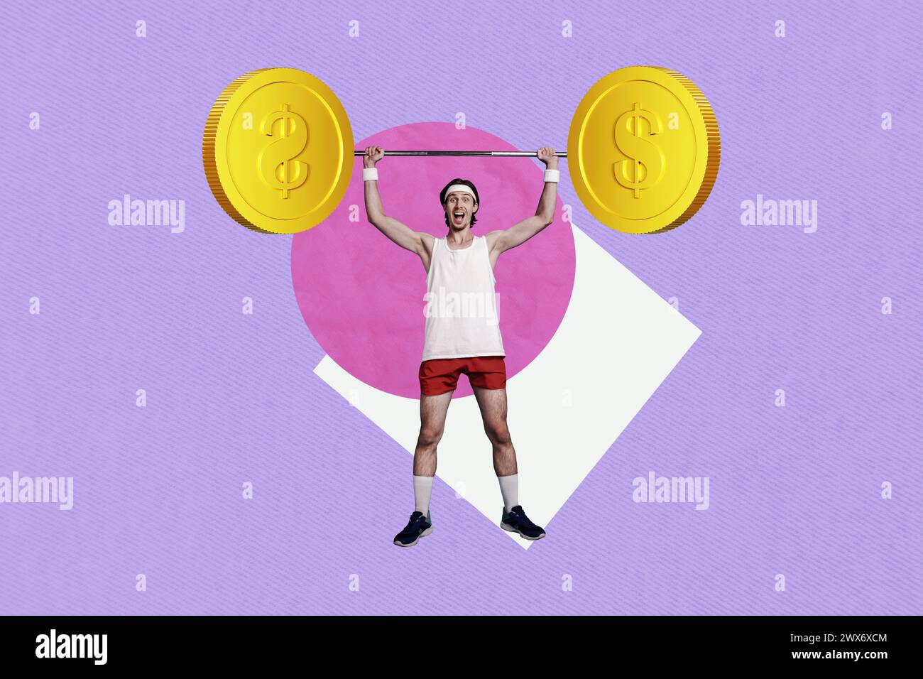 Creative image collage happy joyful man lift dumbbell golden coins ...