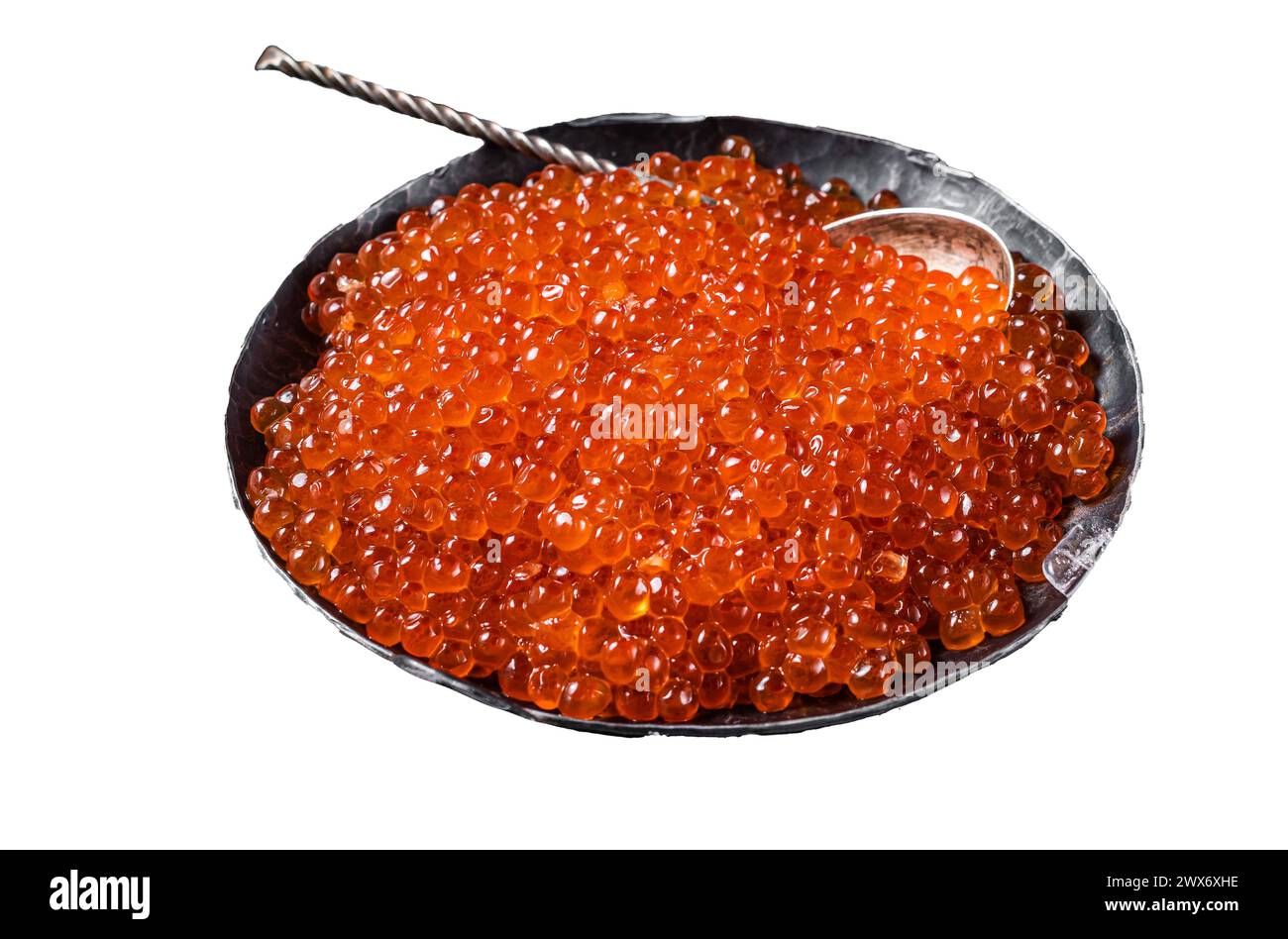 Salty Red caviar in steel plate on ice. Isolated on white background ...