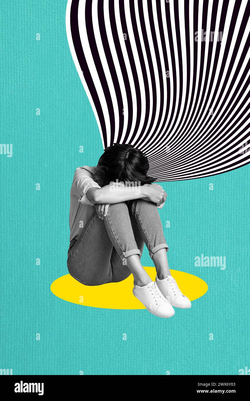 3D photo collage trend artwork composite sketch image of young sad ...