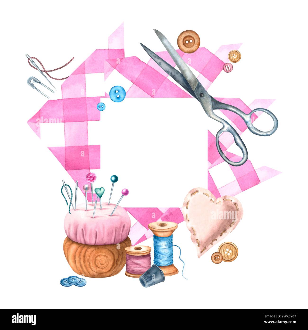 Square frame with fabrics, pincushion, thimble, scissors, threads ...