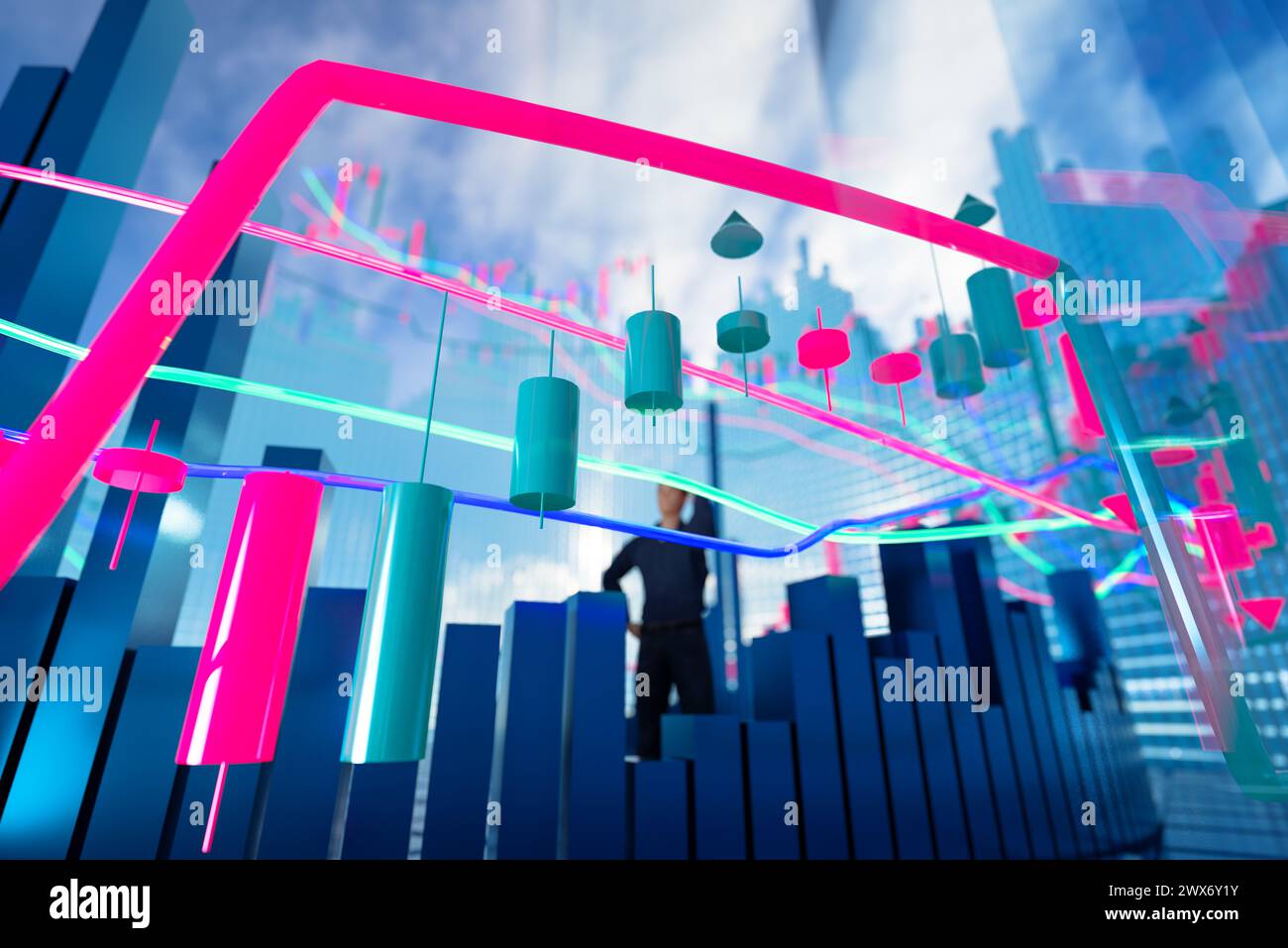 Abstract graphs and statistics against the background of a sunny sky ...