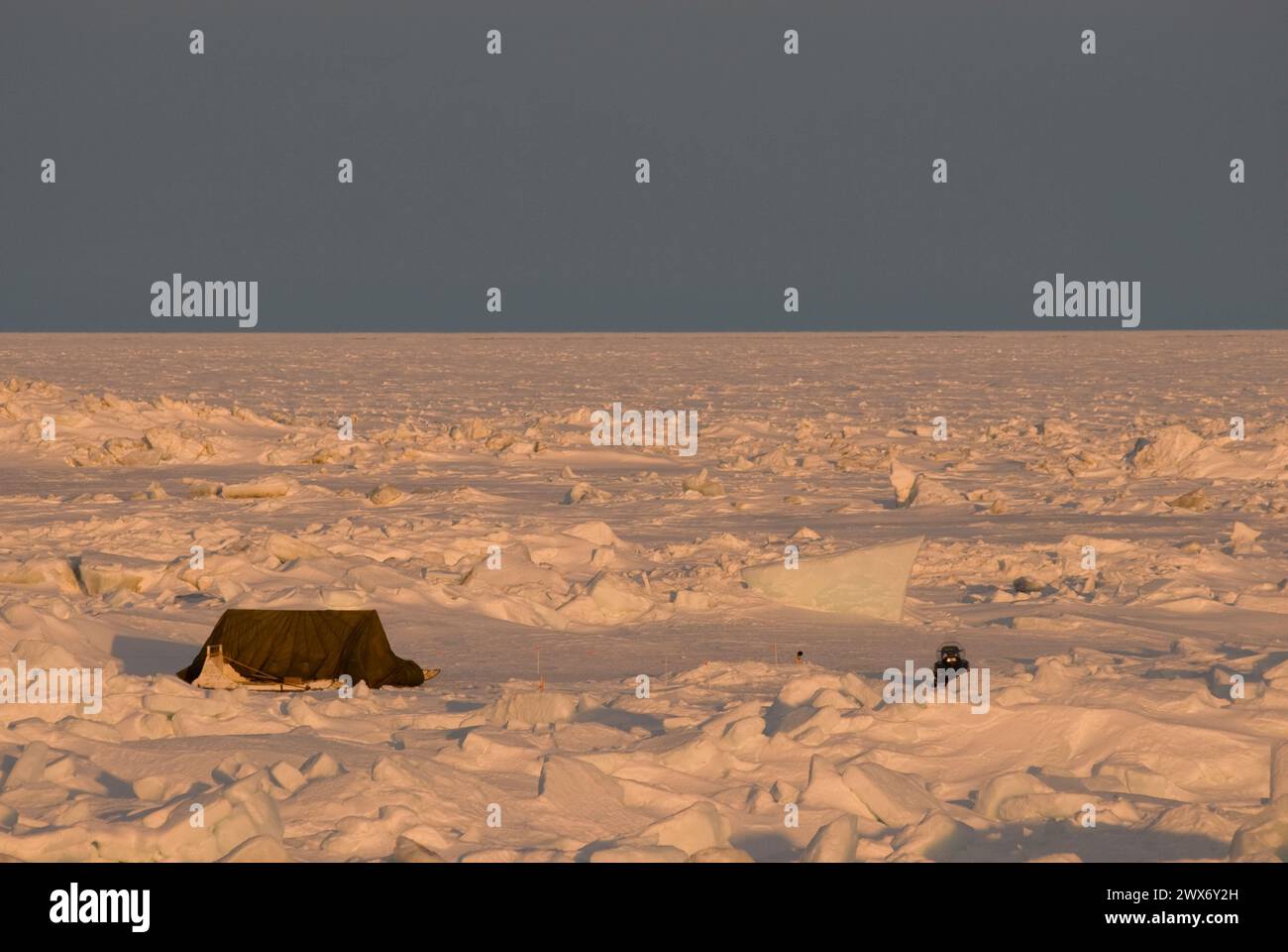 Hopson One spring whaling camp on a flat pan of ice over the frozen ...