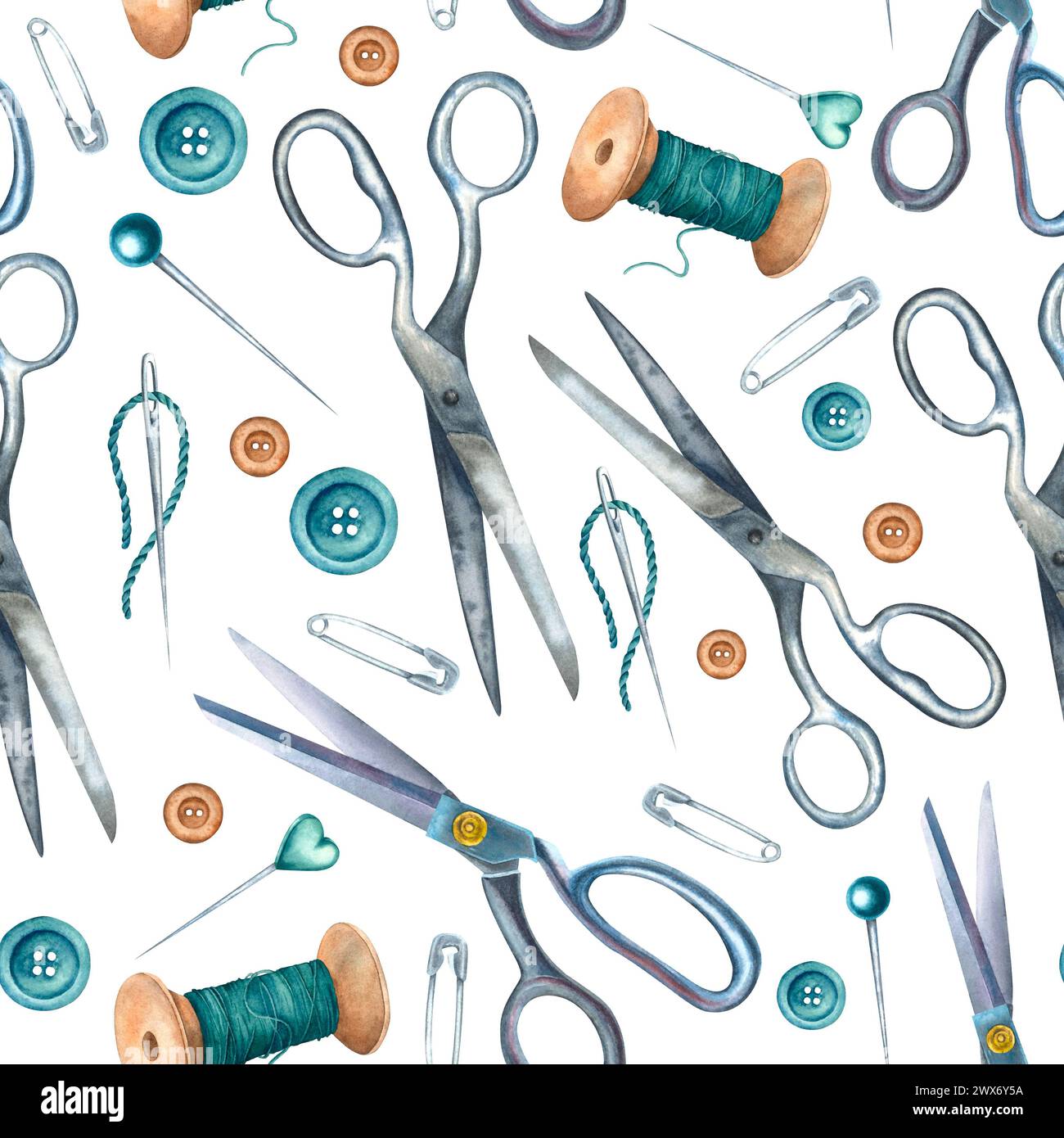 Seamless Pattern With Scissors Spools Of Threads Safety Pin Buttons