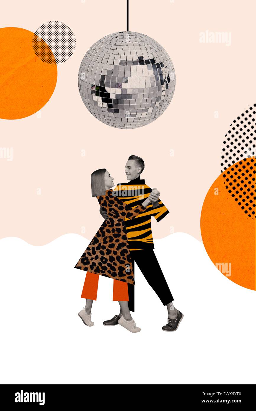 Creative vertical collage artwork of young couple leopard print clothes ...