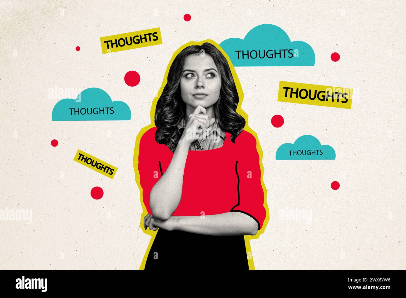 Portrait photo collage ceo young businesswoman touch chin brainstorming ...