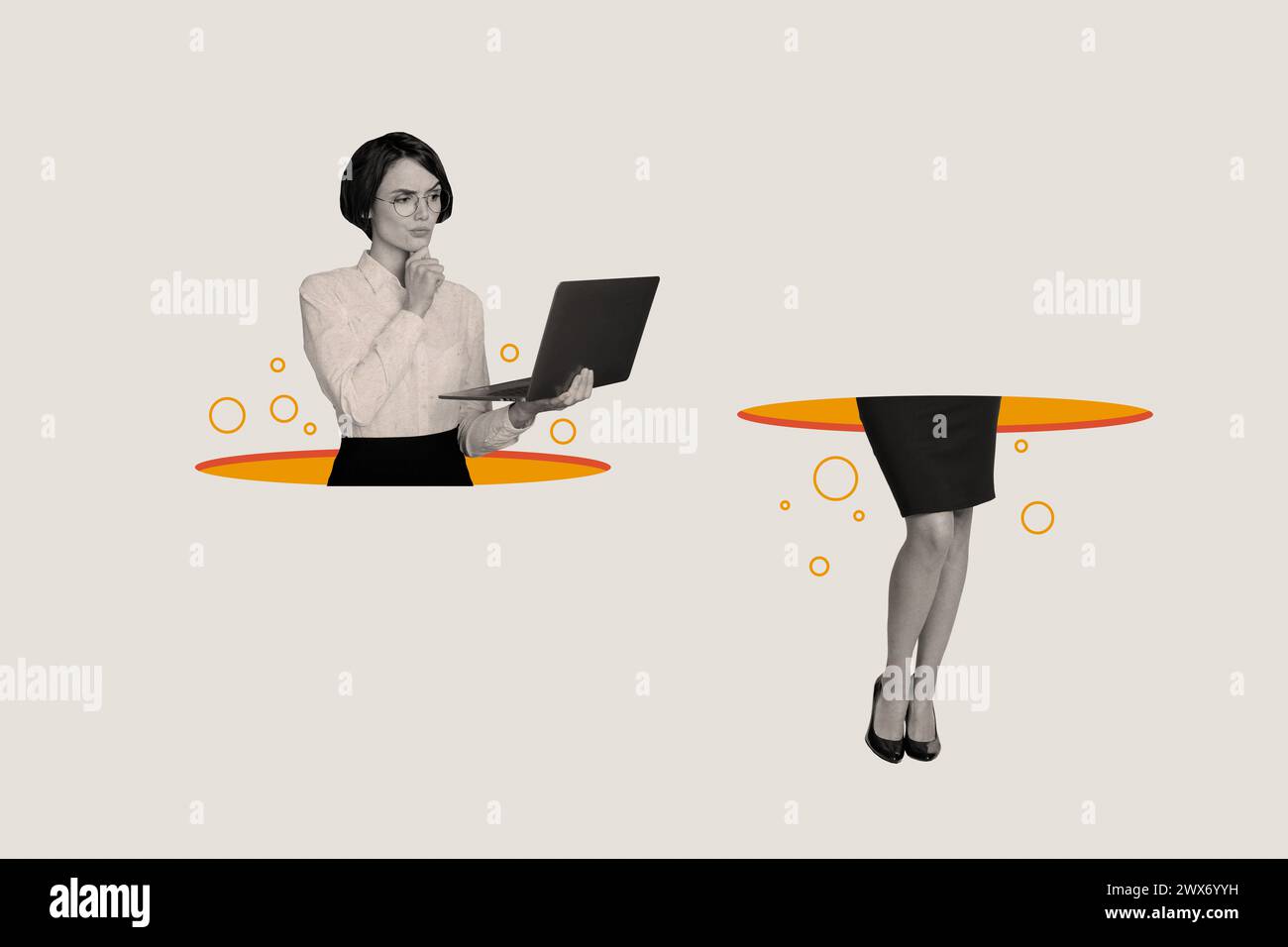 Creative image collage standing young businesswoman thinking dilemma ...