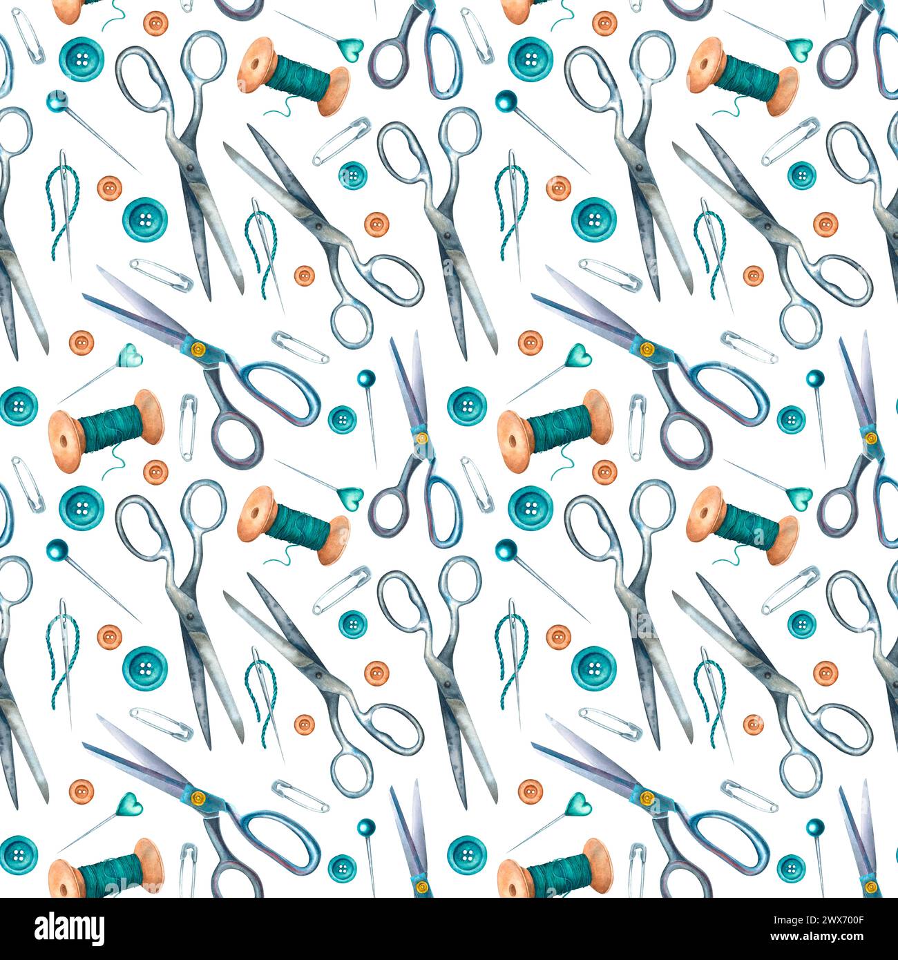 Seamless Pattern With Scissors Spools Of Threads Safety Pin Buttons