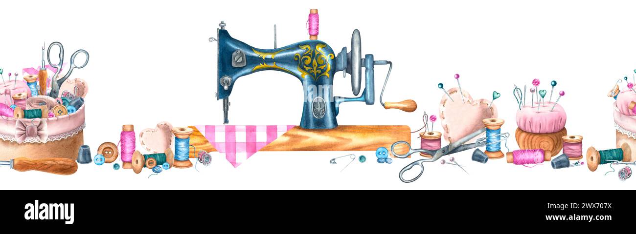 Seamless border with sewing machine, pincushion, safety pin, thimble ...