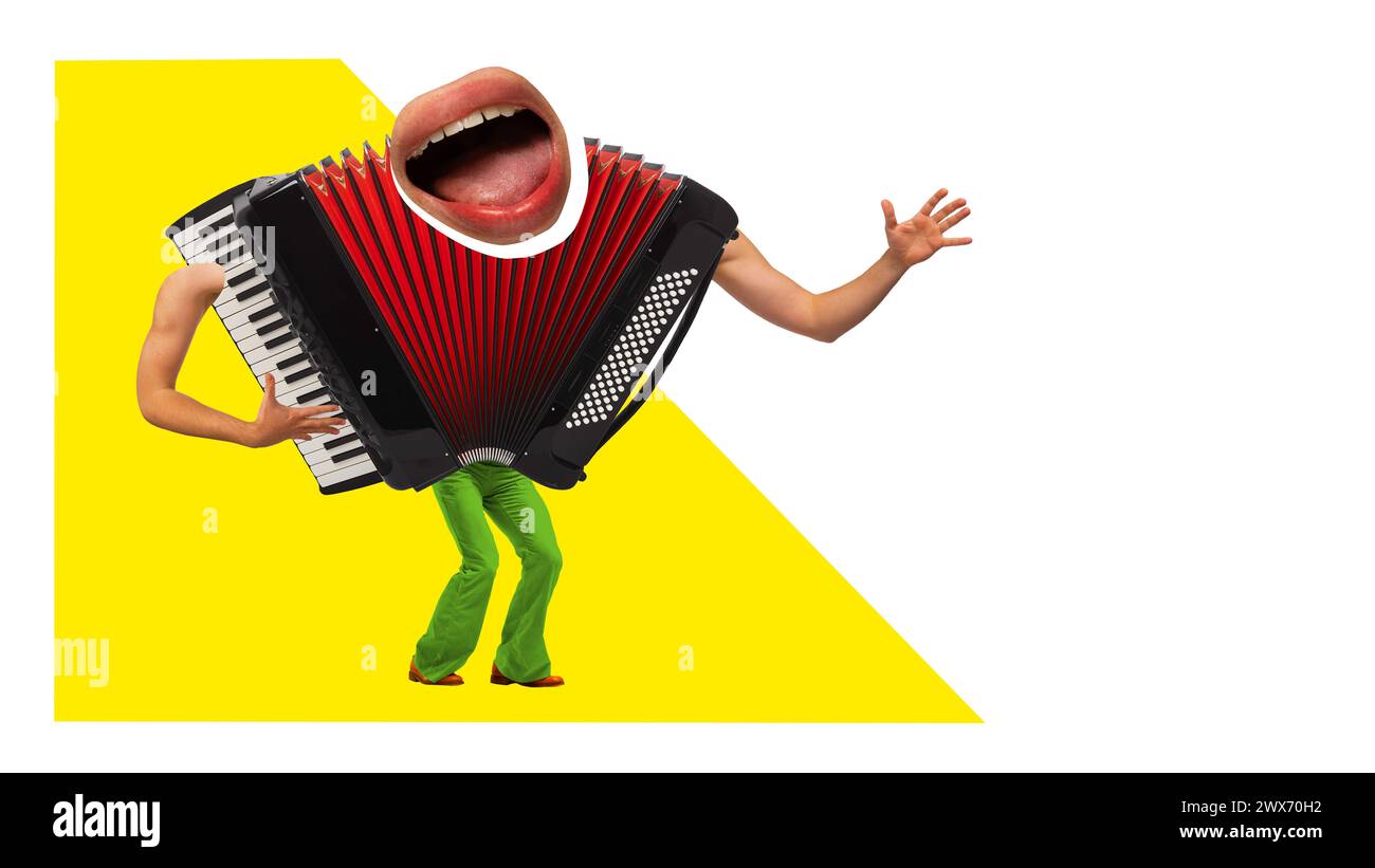 Banner. Contemporary art collage. Music instrument. Accordion with lips ...