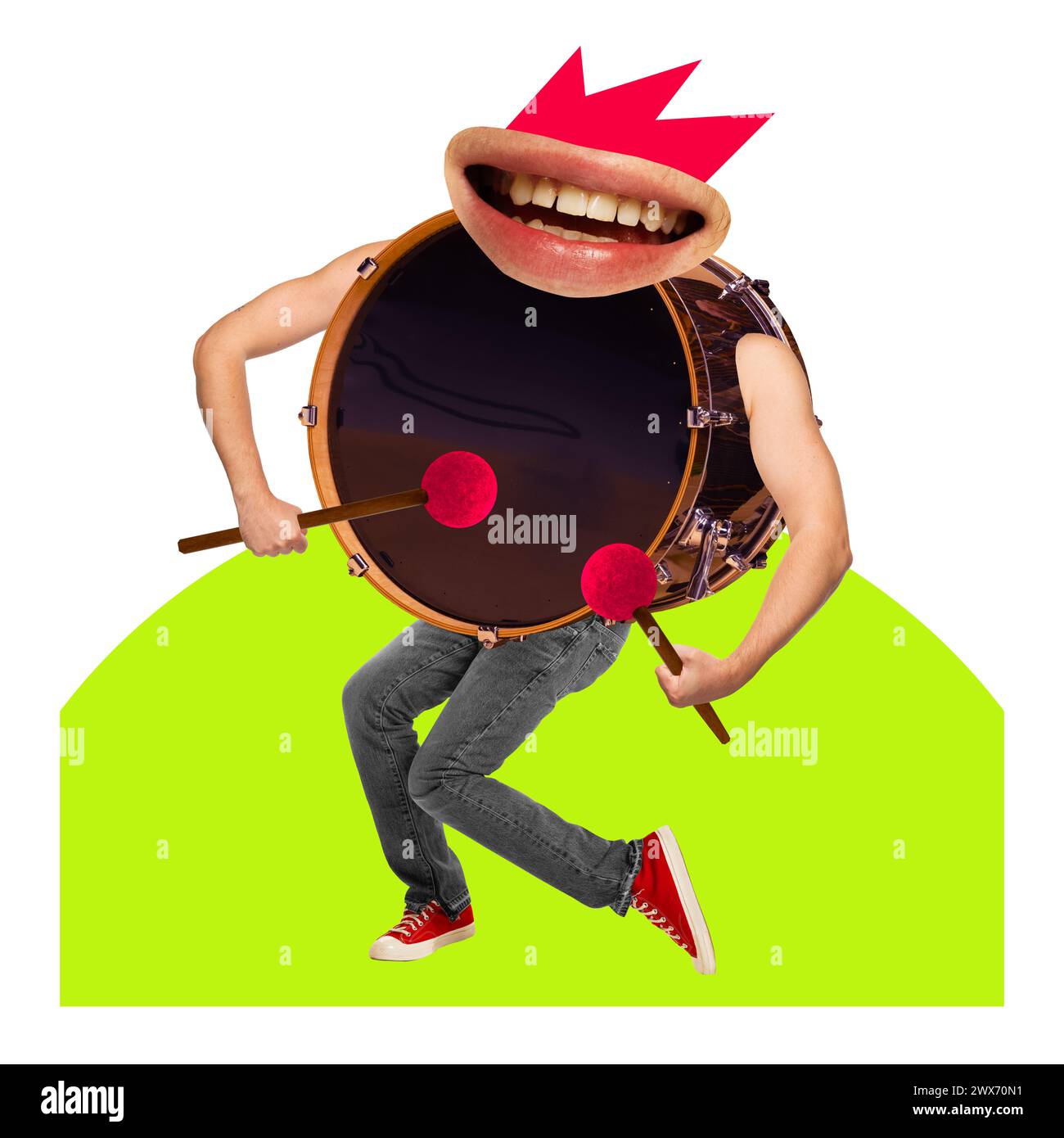 Poster. Contemporary art collage. Music instrument. Drums with lips and ...