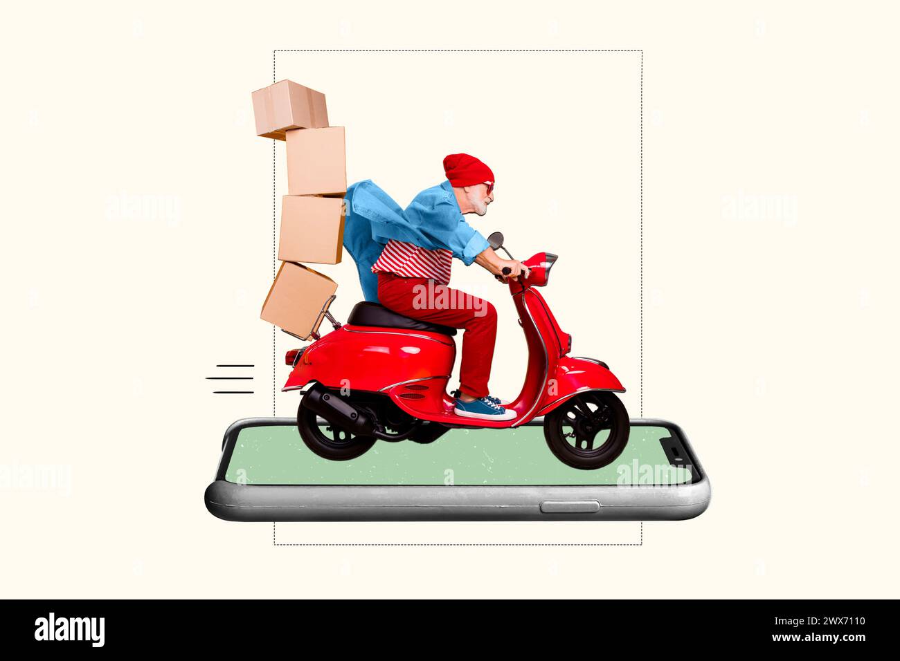 Composite collage of cool mini grandfather drive fast moped deliver ...