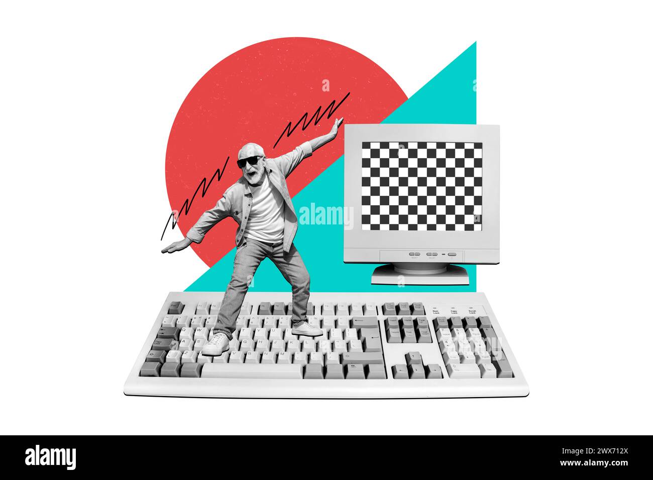 Creative composite photo collage of elderly man dancing on keyboard ...