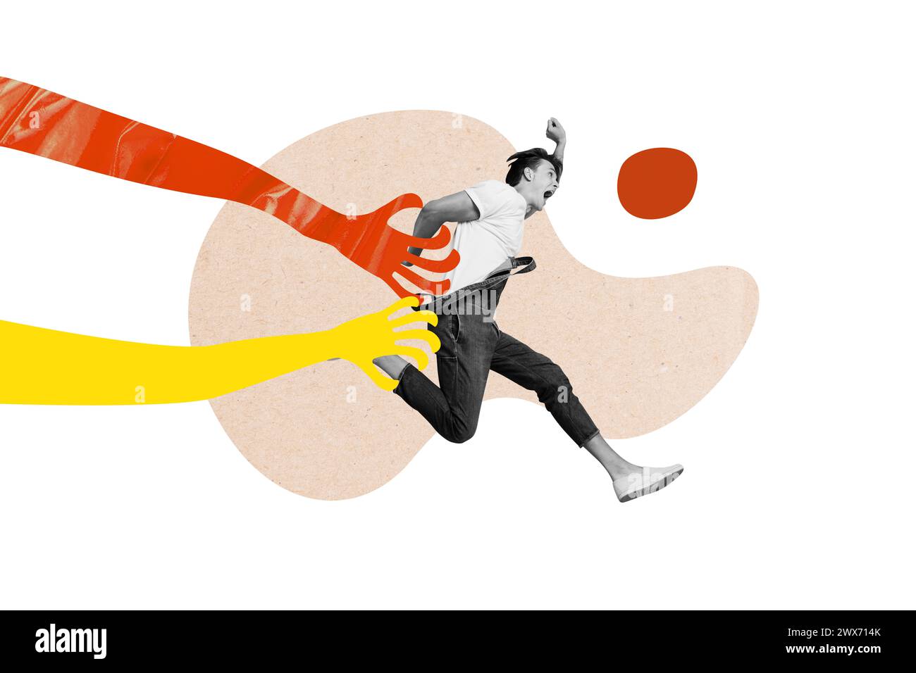 Creative photo collage young screaming man try escape hands catch reach ...