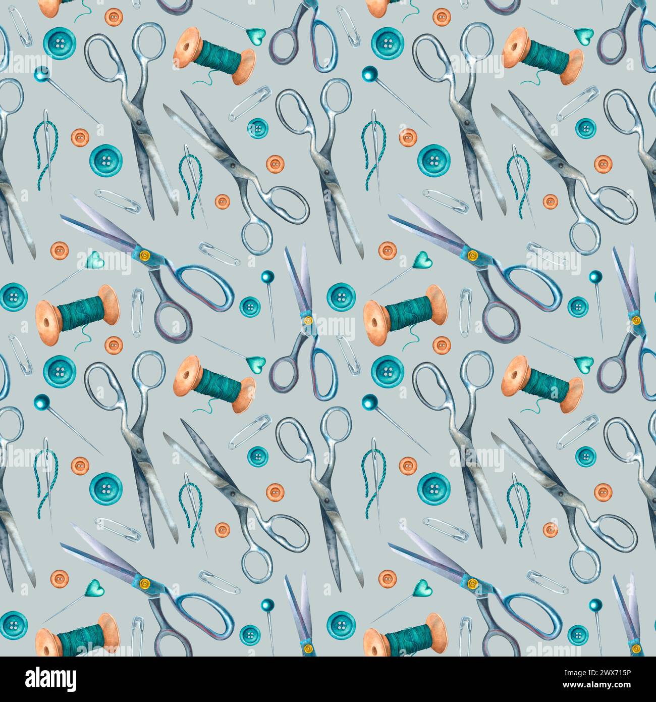 Seamless pattern on a colored background with scissors, spools of ...