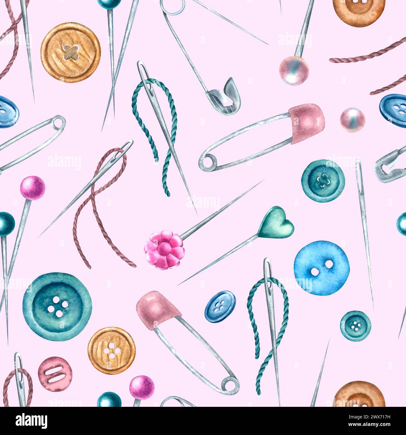 Watercolor pattern on a colored background with buttons, needles with ...