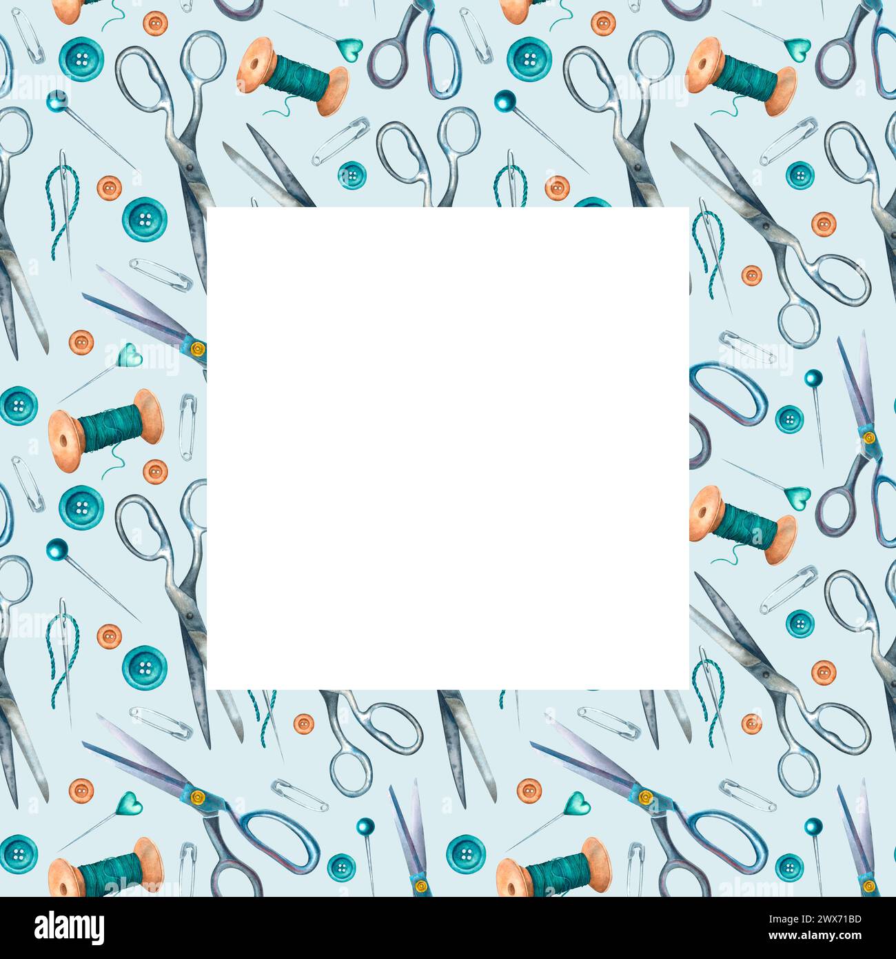 Square frame of scissors, spools of threads, safety pins, buttons ...