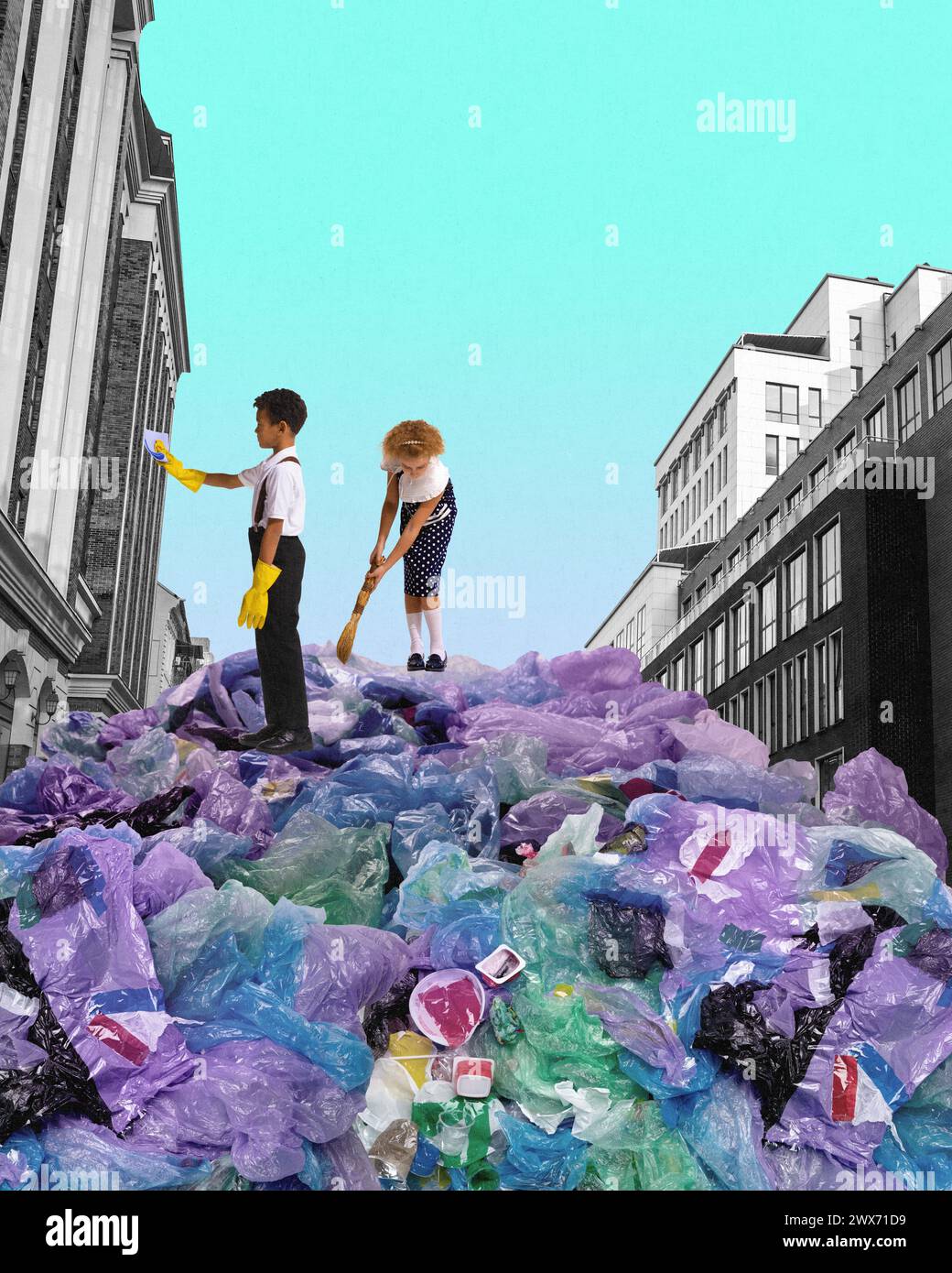 Children, little boy and girl cleaning urban street. Ecology issues ...