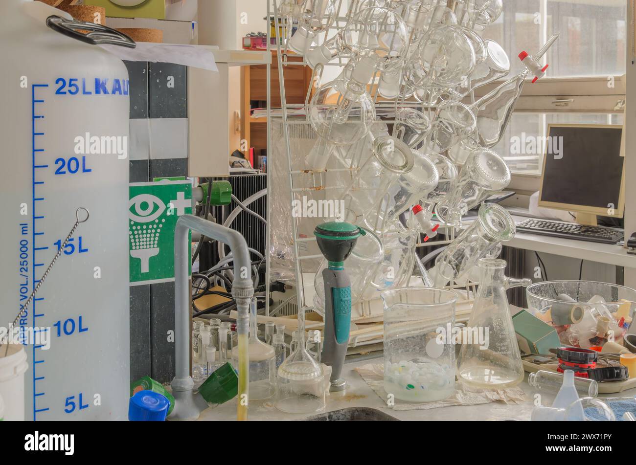 Lab Bench with Glassware and Computer Stock Photo - Alamy
