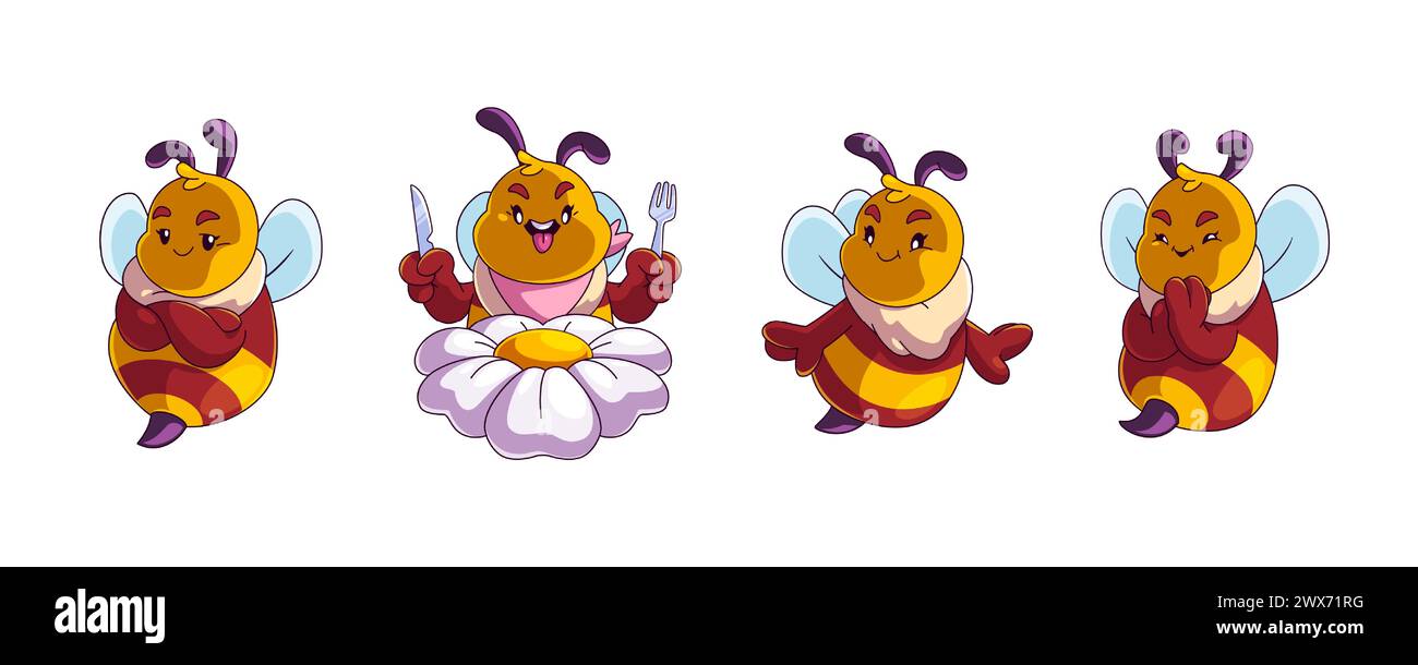 Cute bee characters set isolated on white background. Vector cartoon ...