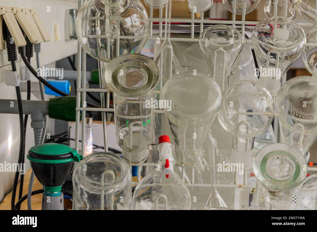 Lab Glassware on Metal Rack Stock Photo - Alamy