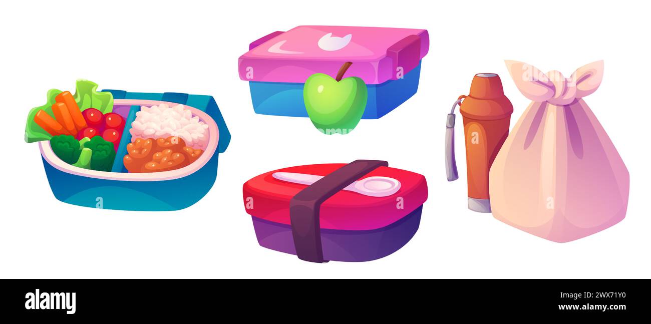 School lunchbox and bag with dinner. Cartoon vector illustration set of ...