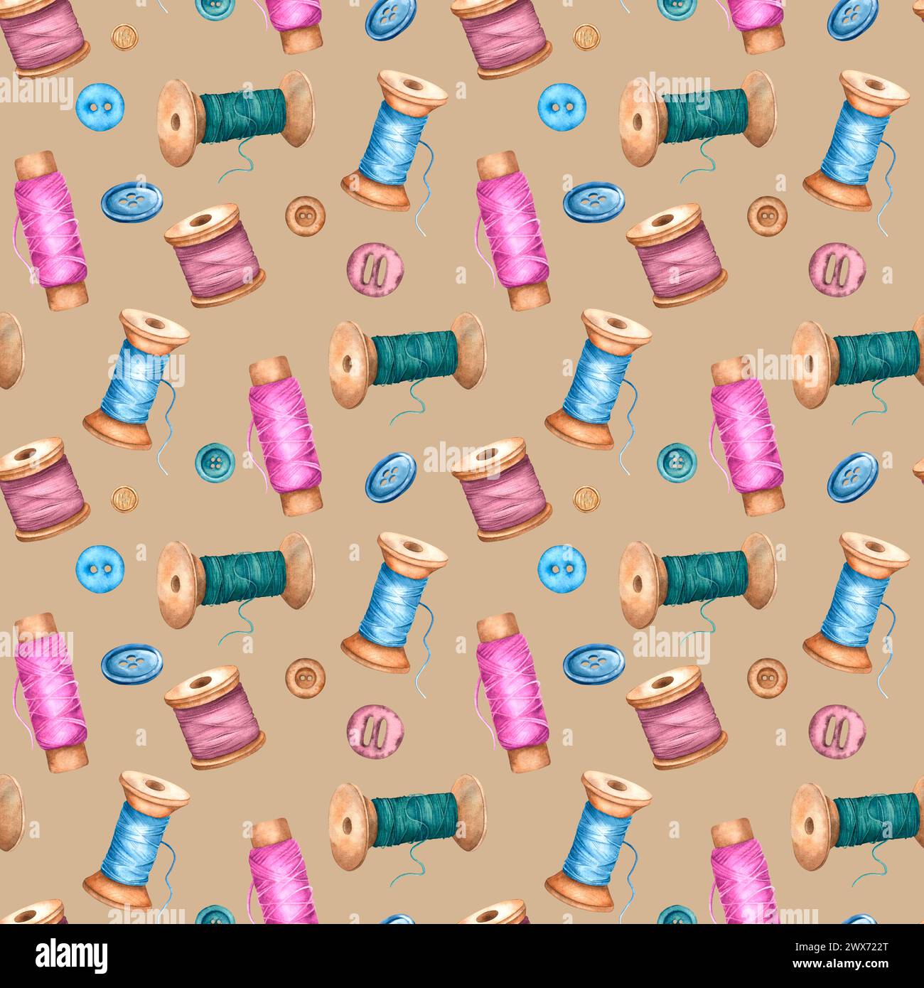 Seamless Watercolor Surface Pattern On A Colored Background With Spools