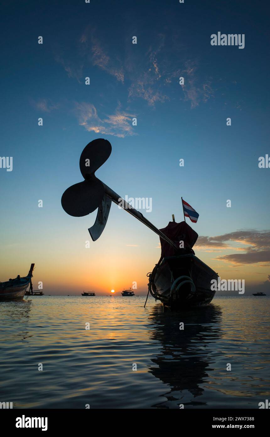 Beautiful sunset on tropical island Koh Tao, Thailand. Long tail boat ...