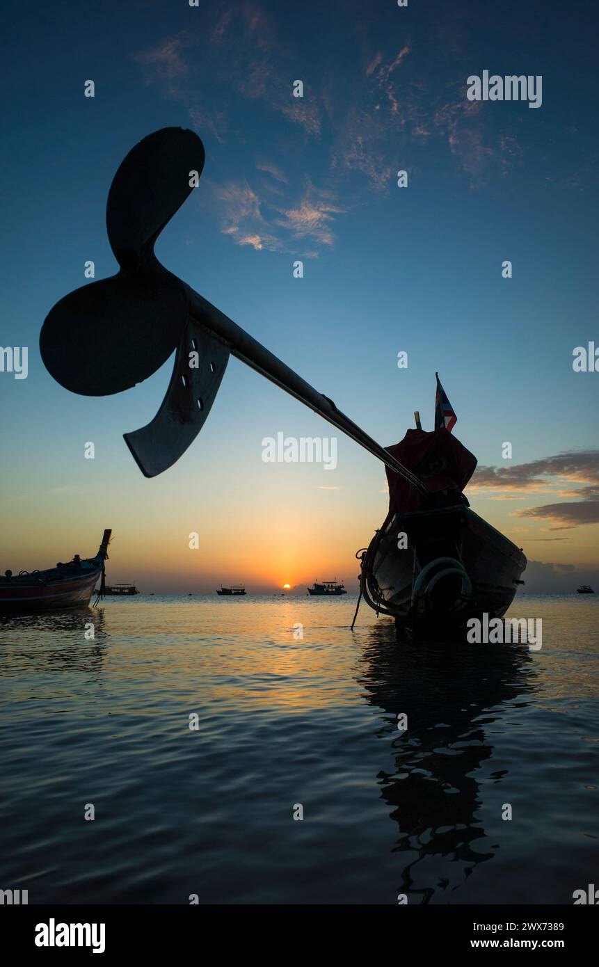 Beautiful sunset on tropical island Koh Tao, Thailand. Long tail boat ...