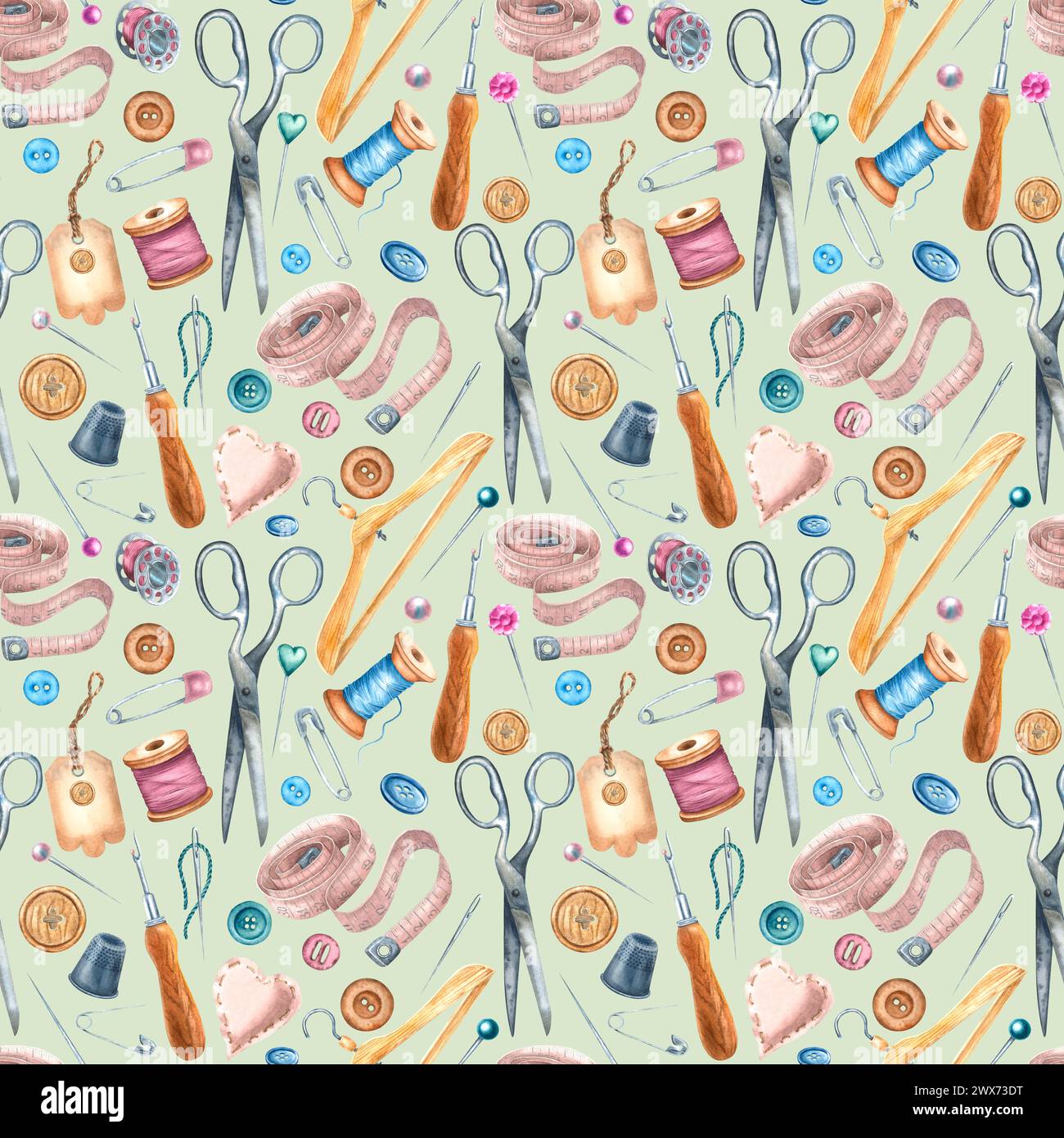Seamless pattern on a colored background with scissors, spools of ...