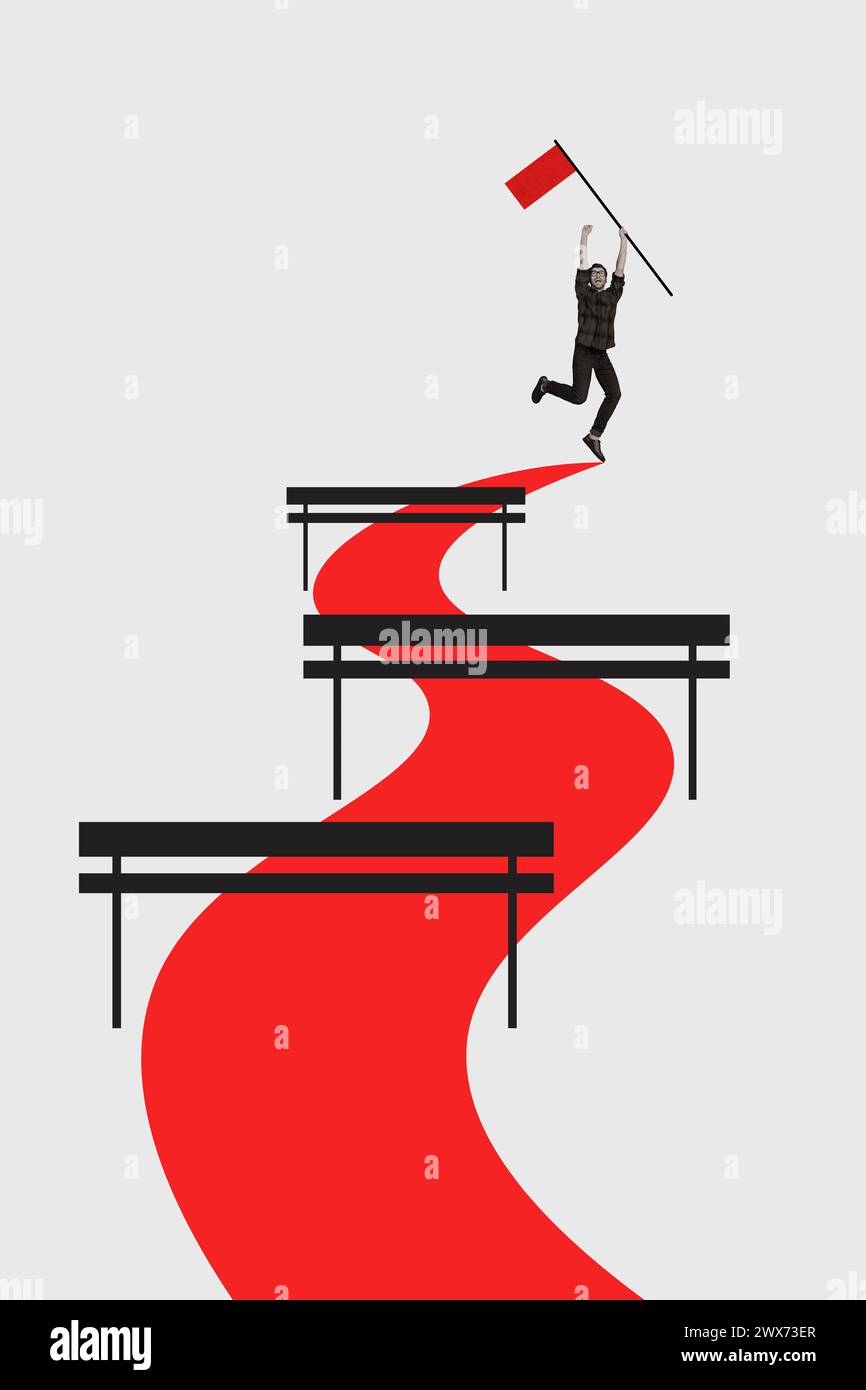 Vertical creative collage picture young man victory winner red flag ...