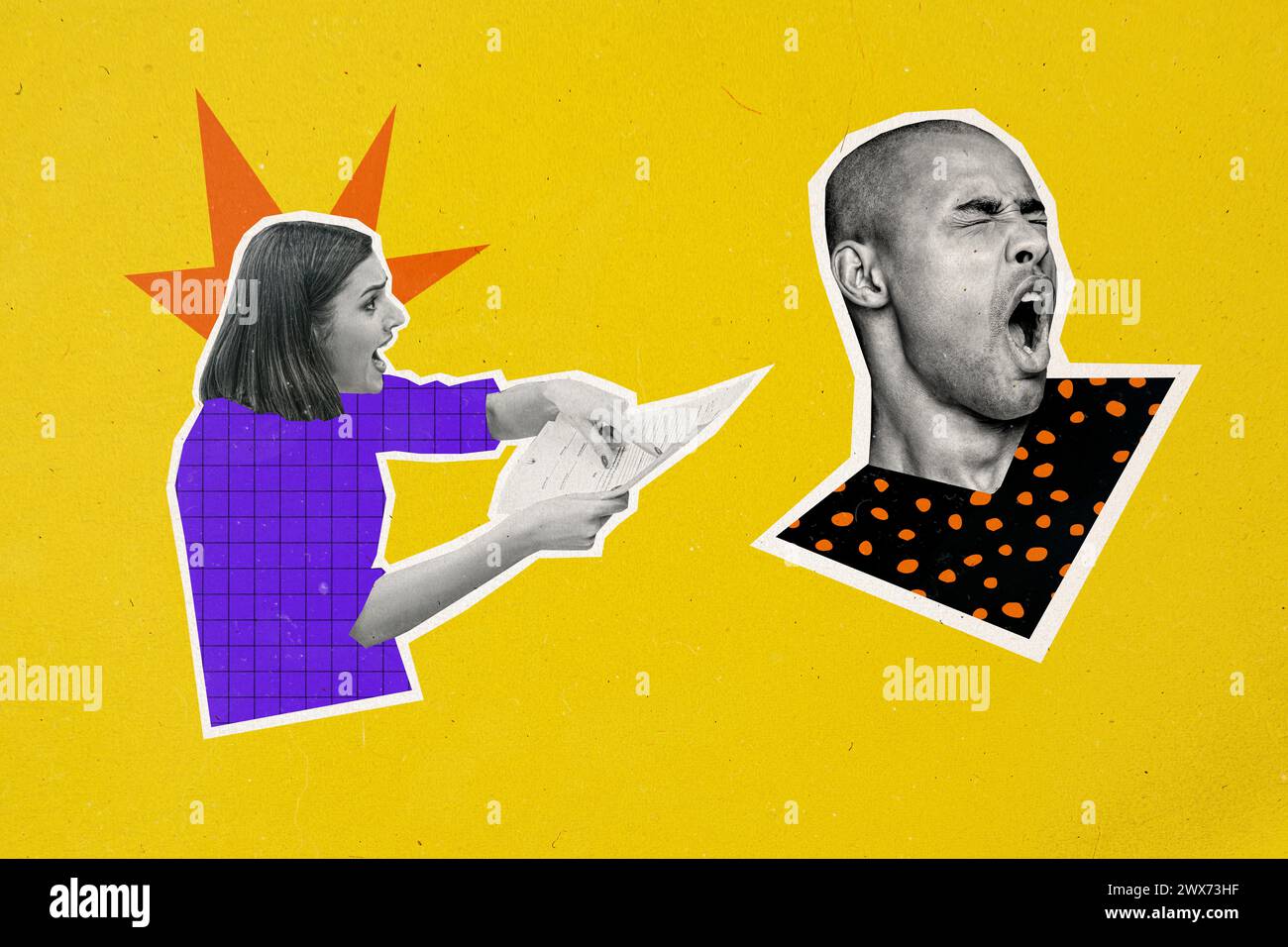 Photo collage picture young woman showing paper document blame conflict ...