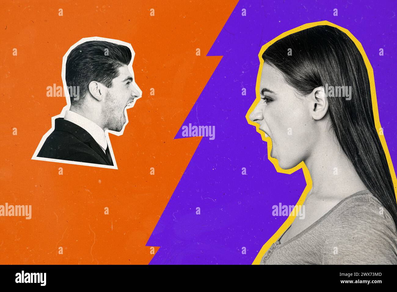 Creative collage image young man woman dispute irritated disagreement ...