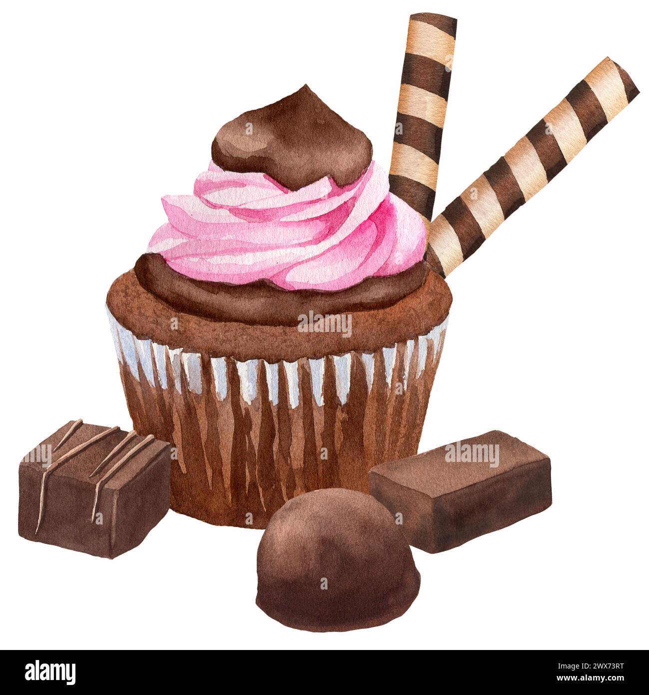 Chocolate brown cupcake with pink cream and roll sticks hand drawn in ...