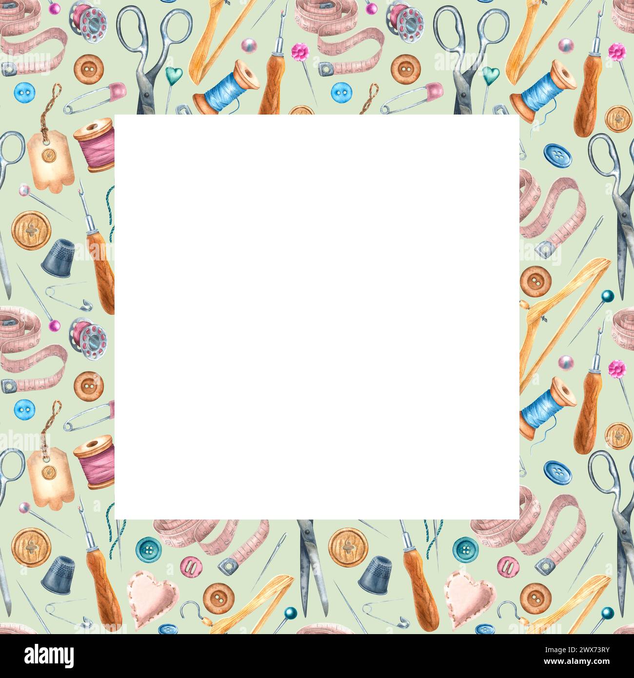 Square frame of scissors, spools of threads, pins, tape measure ...