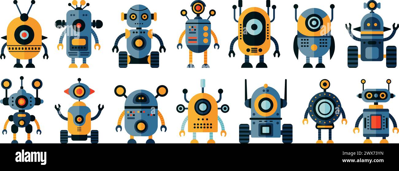 Set of retro colored robot icons Isolated on white background. Character Artificial Intelligence ...