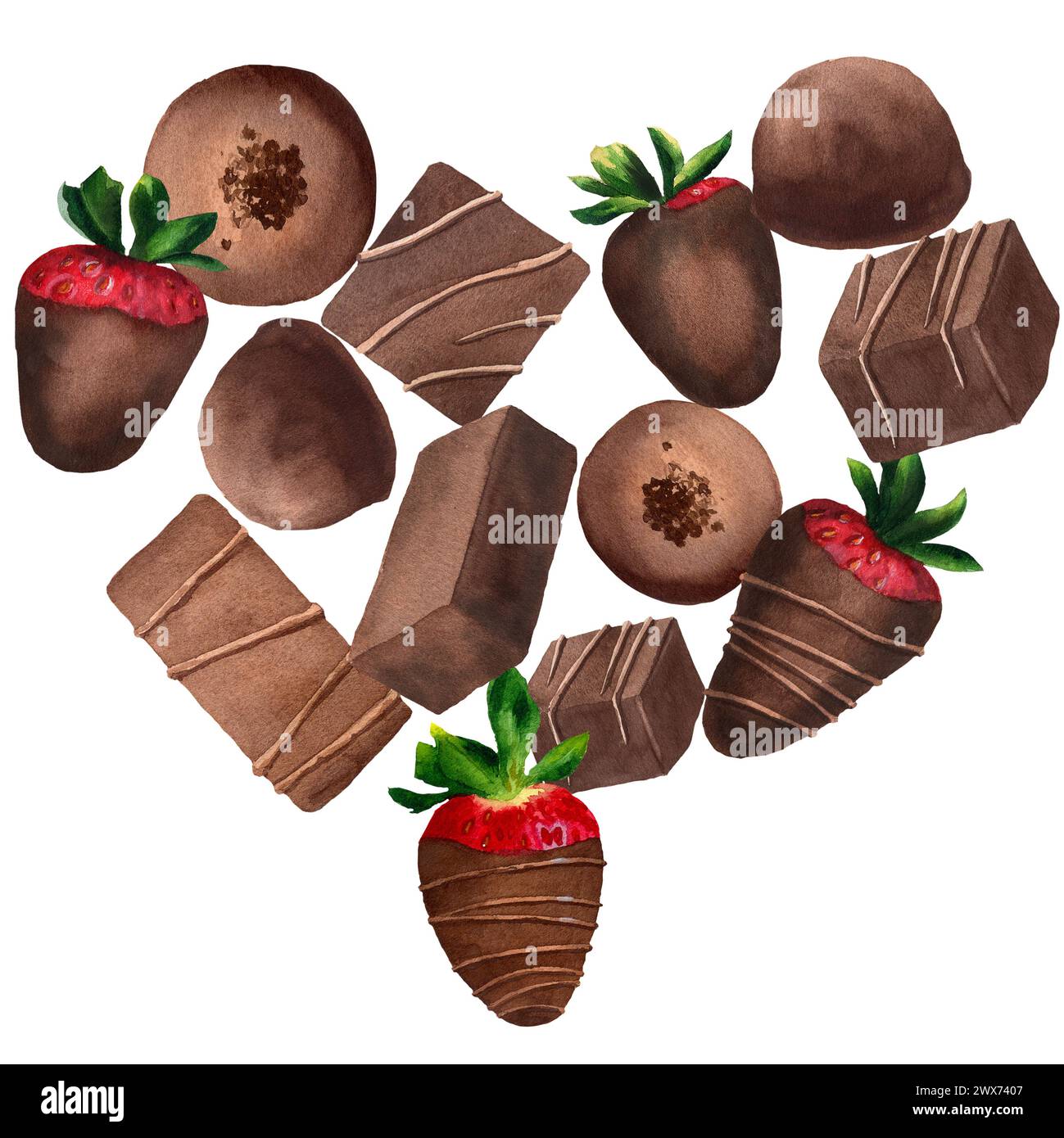 Heart made of chocolate candies and chocolate-covered strawberries ...