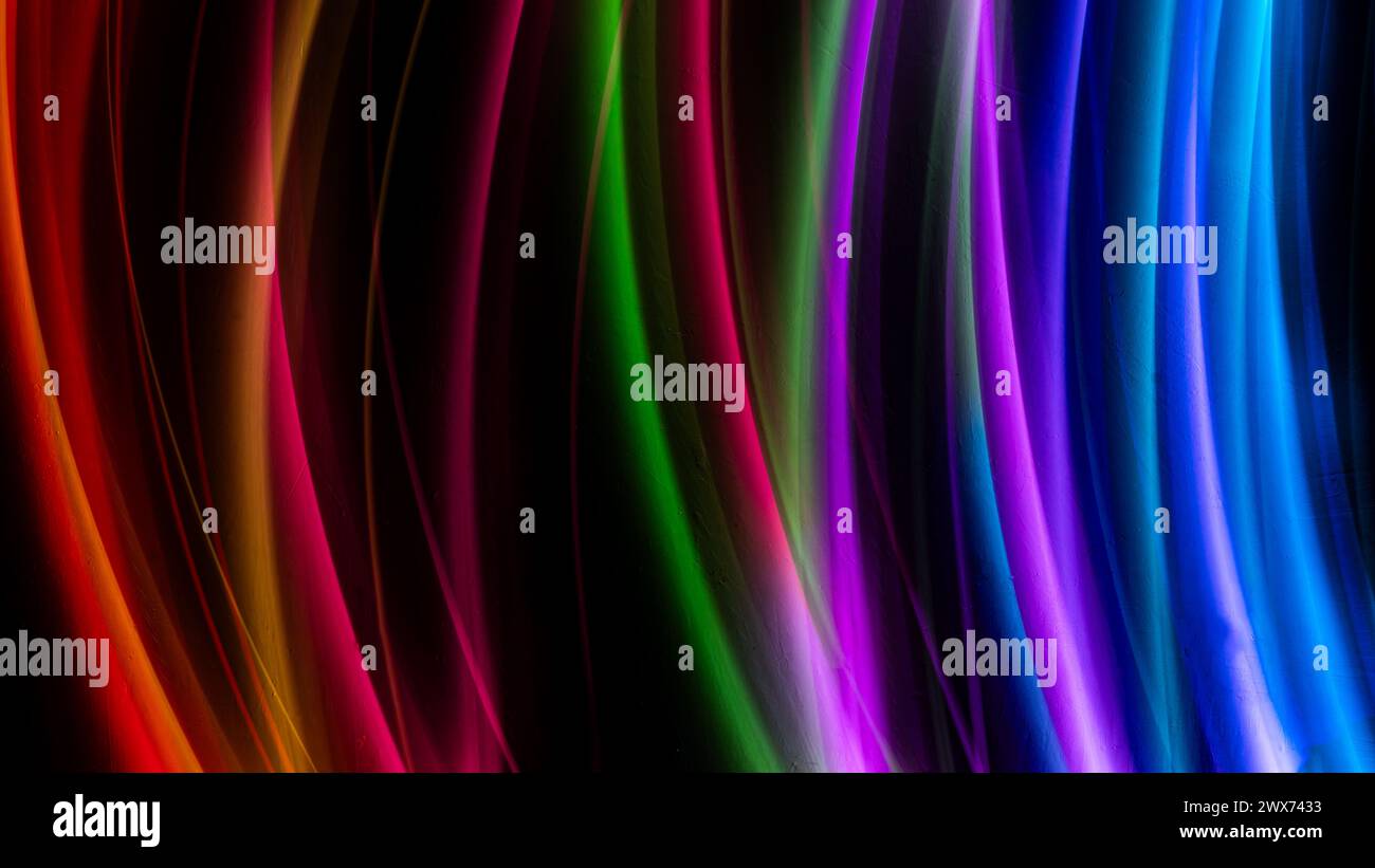 Abstract colorful irregular lines on black background and wall texture ...