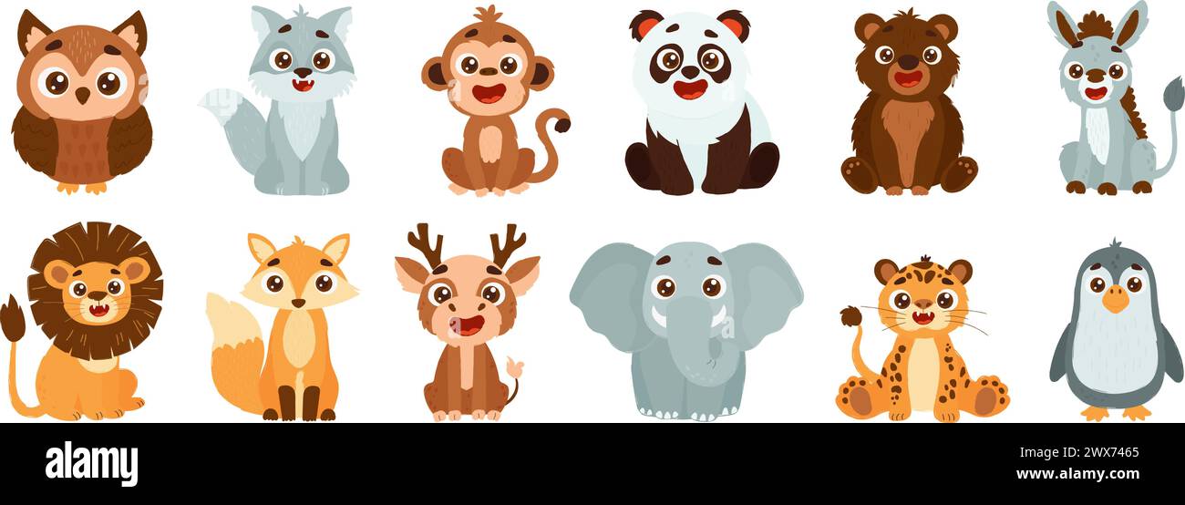 Set of cute wild animals including lion, fox, deer, elephant, tiger ...