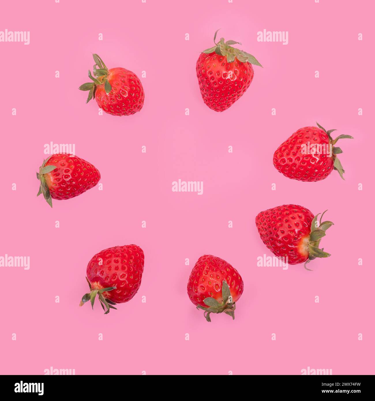 Whole ripe red strawberries are laid out in a circle on a pink ...