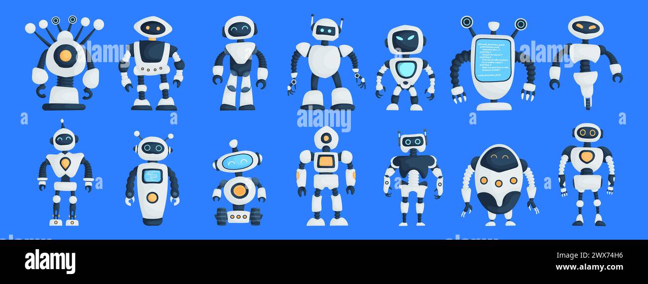 Big Set of Modern Robots Isolated on Blue Background Cute Character Cartoon Artificial ...