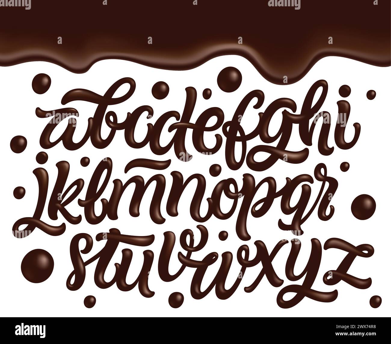 Latin alphabet made of dark melted chocolate with border. Liquid font ...
