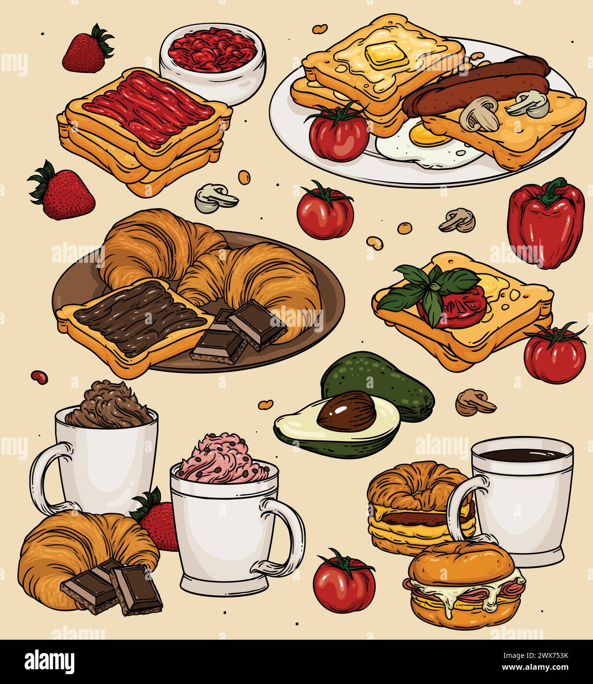 Classic breakfast cartoon set with eggs, toast and coffee. Vector color ...