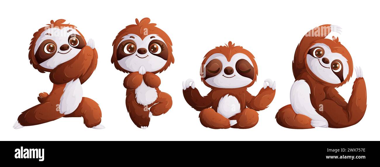 A set of four sloths doing yoga in different poses. Cute Sloth is meditating. Cartoon style ...