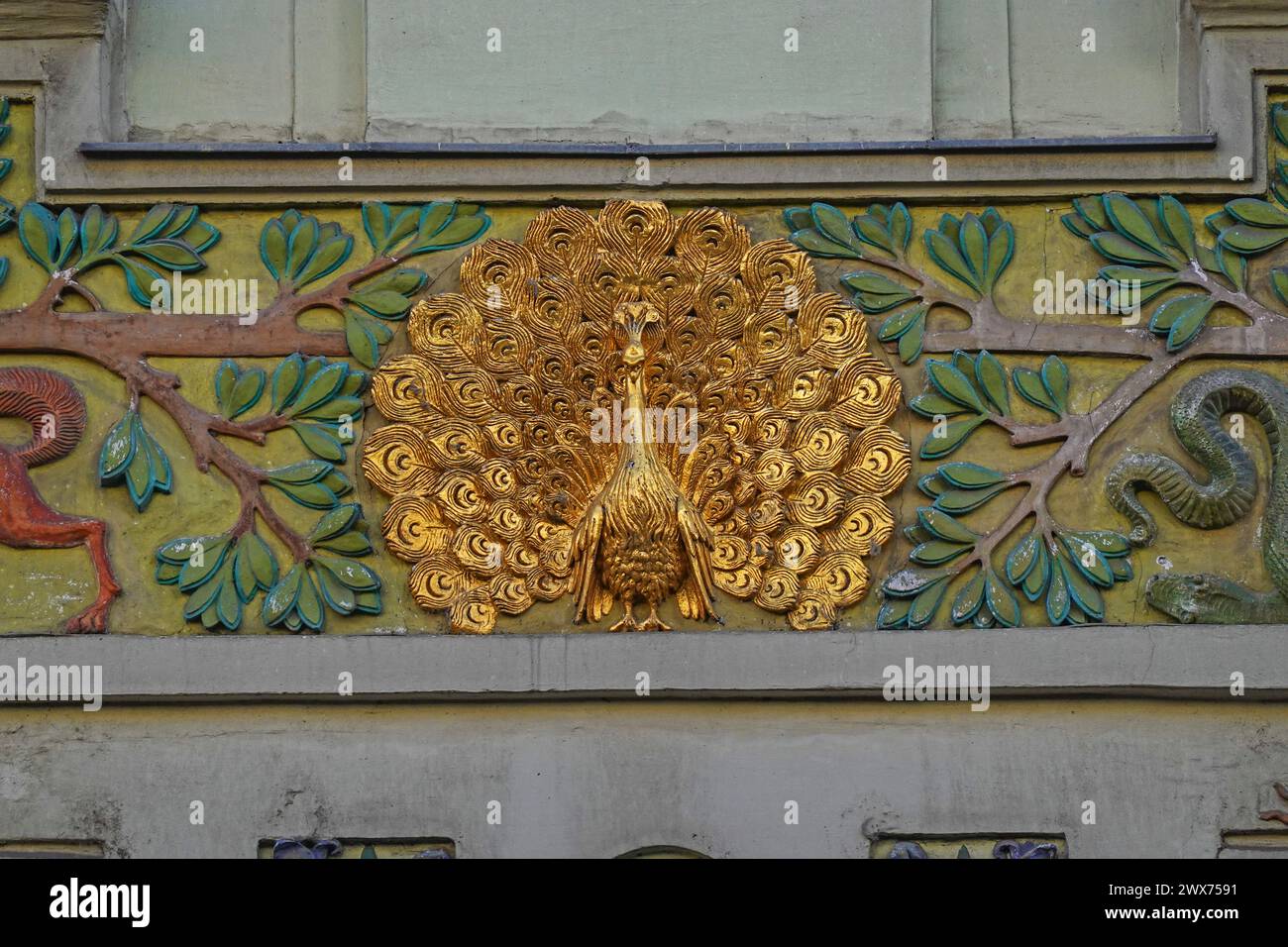 Hungary, Budapest, Lindenbaum House is the first Art Nouveau building in Budapest. Gold peacock ...