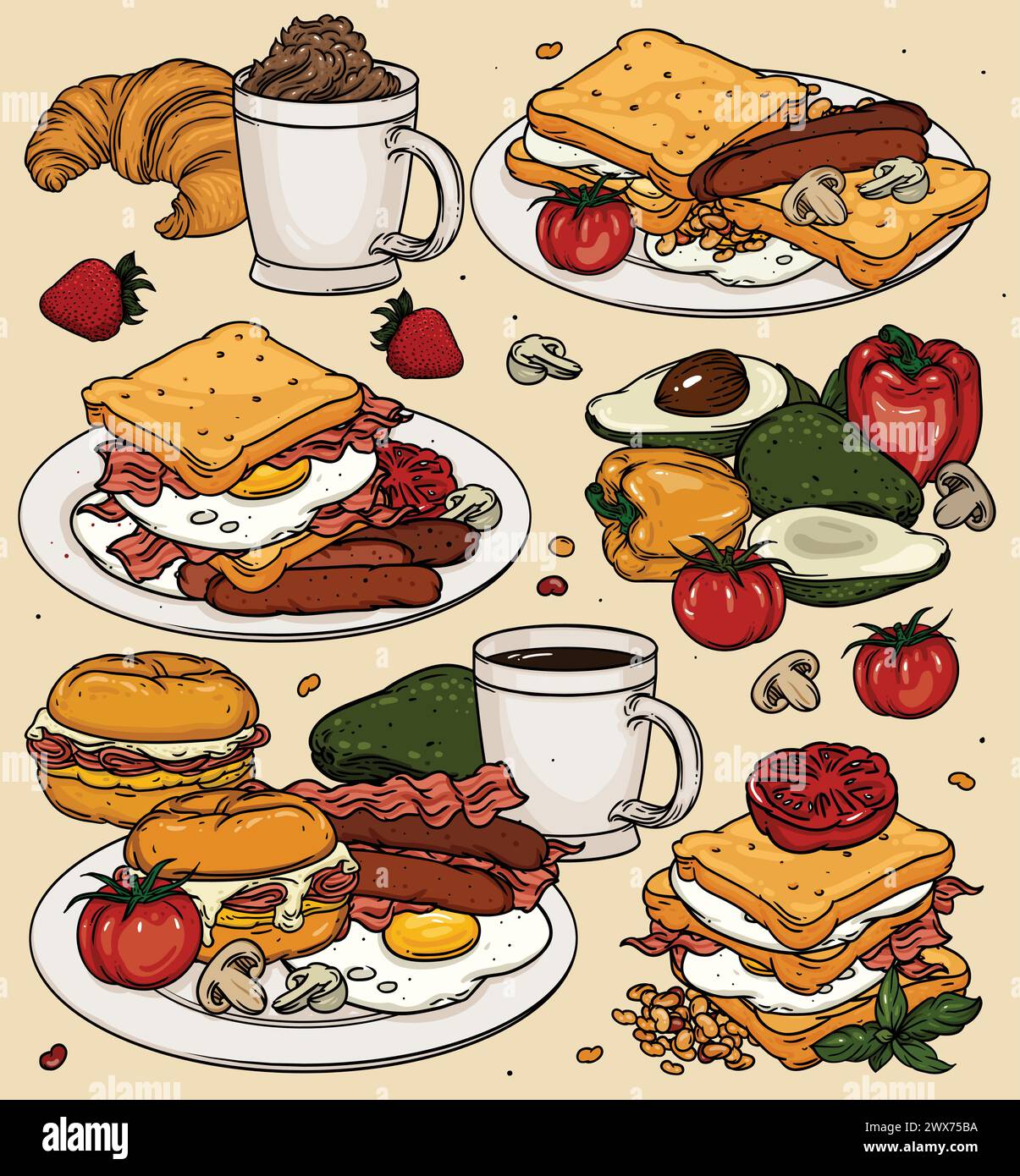 Classic breakfast cartoon set with eggs, toast and coffee. Vector color ...